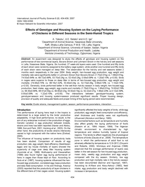 Pdf Effects Of Genotype And Housing System On The Laying Performance Of Chickens In Different