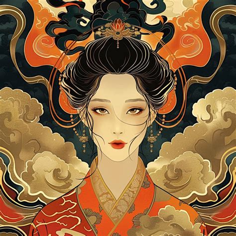中国传统插画风格、金铜风格、非具象风格、漫画风格、传统动画风格的女人