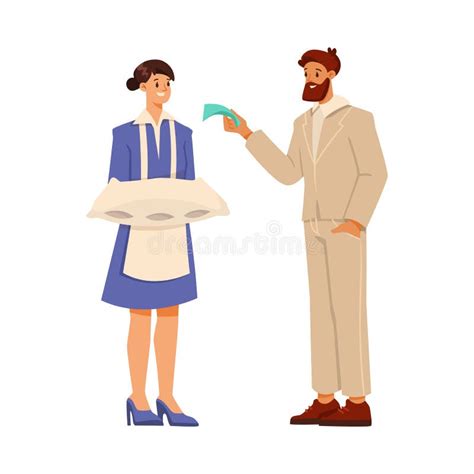 Woman Hotel Maid With Pillow And Man Client Giving Her Tip Vector Illustration Stock Vector