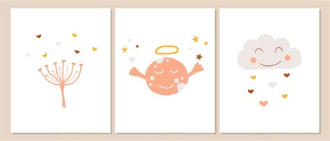 구름 행성 나뭇가지가 있는 벡터 포스터 세트는 어린이 보호 스타일입니다 보헤미안 스타일의 보육원 장식 별이 있는 웃는 구름과 달의 삽화 0명에 대한 스톡 벡터 아트 및 기타