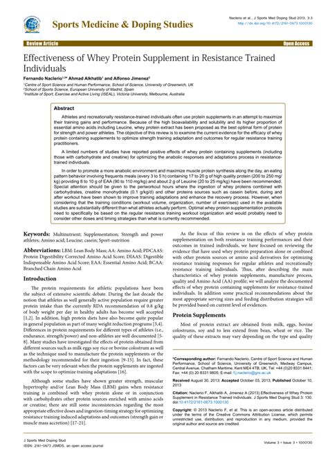 Pdf Effectiveness Of Whey Protein Supplement In Resistance Trained