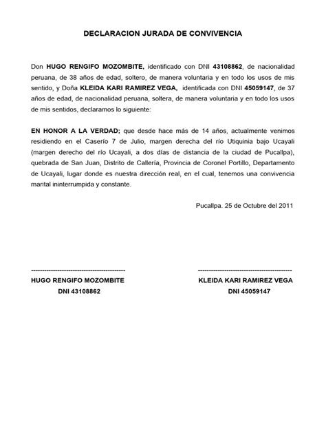 Declaracion Jurada De Convivencia Pdf