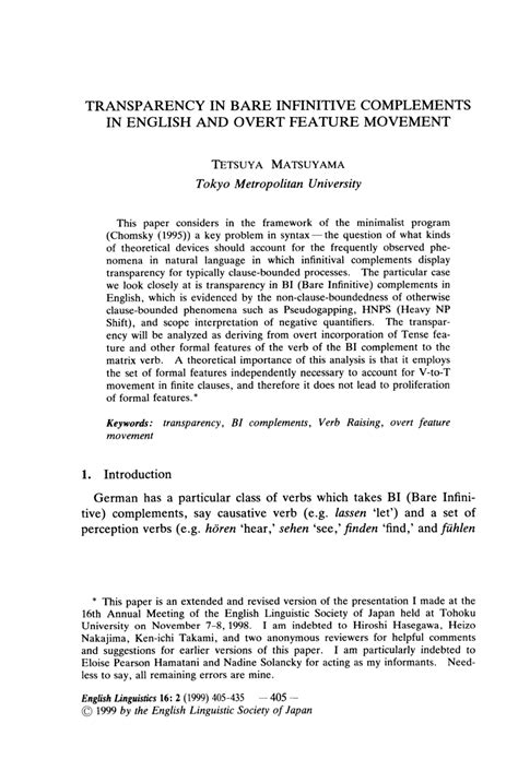 Pdf Transparency In Bare Infinitive Complements In English And Overt Feature Movement