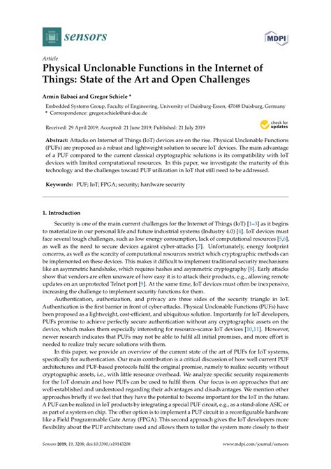 Pdf Physical Unclonable Functions In The Internet Of Things State Of The Art And Open Challenges