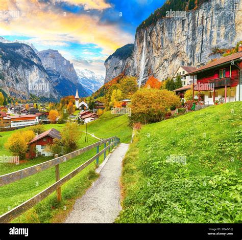Astonishing Autumn View Of Lauterbrunnen Valley With Gorgeous Staubbach