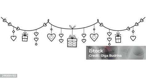 로맨틱한 하트와 선물이 있는 화환 발렌타인 데이 장식 초대장의 외곽선 프레임 갈란드 장식품에 대한 스톡 벡터 아트 및 기타 이미지 갈란드 장식품 공휴일 귀여운