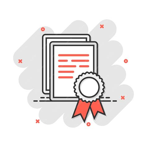 만화 스타일의 벡터 만화 인증서 아이콘 졸업장 기호 그림 그림 인증서 문서 비즈니스 스플래시 효과 개념 프리미엄 벡터