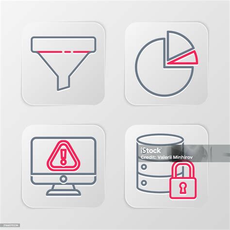 잠금이 있는 라인 서버 보안 모니터 느낌표 파이 차트 인포그래픽 및 판매 퍼널 아이콘을 설정합니다 벡터 0명에 대한 스톡 벡터