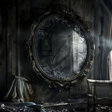 Spooky Broken Mirror In Haunted Room With Cracked Glass And Eerie