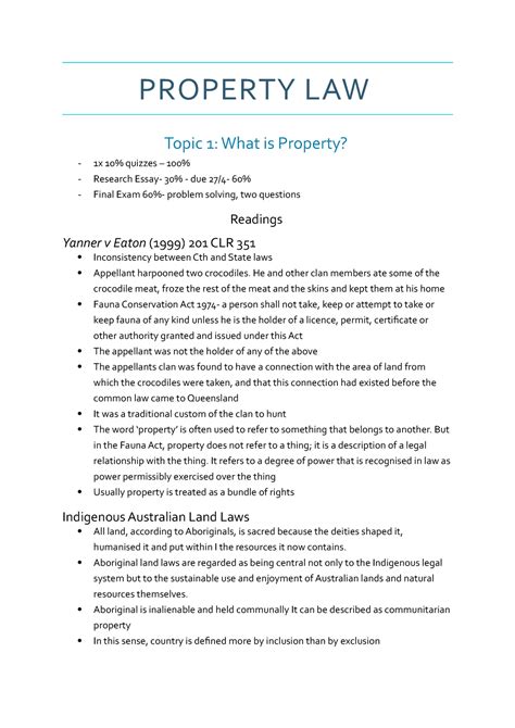 Property Law Lecture Notes 1 12 Property Law Topic 1 What Is Property 1x 10 Quizzes 100