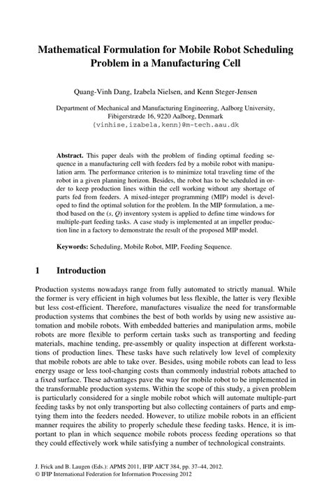 Pdf Mathematical Formulation For Mobile Robot Scheduling Problem In A Manufacturing Cell