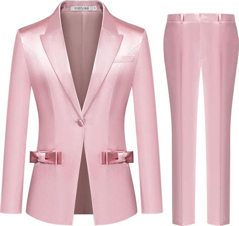 Womens 2 Piece Satin Suit Double Side Bows One Button Peaked Lapel