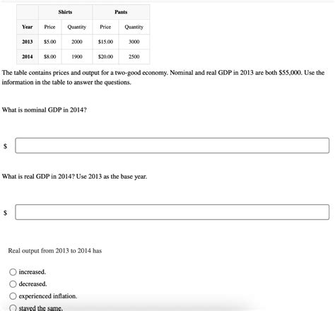 Solved The Table Contains Prices And Output For A Two Good