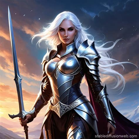 Female Drow Paladin Wielding Two Swords Black Leather Armor With Cobweb