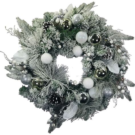 Flocked Mixed Evergreen Artificial Wreath Silver White With Pinecones