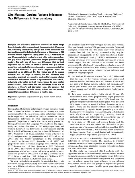 Pdf Size Matters Cerebral Volume Influences Sex Differences In Neuroanatomy