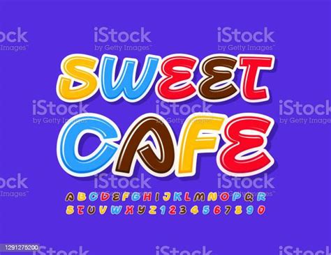 벡터 밝은 배너 달콤한 카페 다채로운 알파벳 문자 및 숫자 세트 그래픽 프린트에 대한 스톡 벡터 아트 및 기타 이미지 그래픽