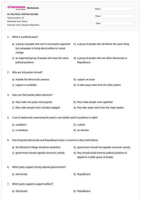 50 Political Parties Worksheets For Class 9 On Wayground Free