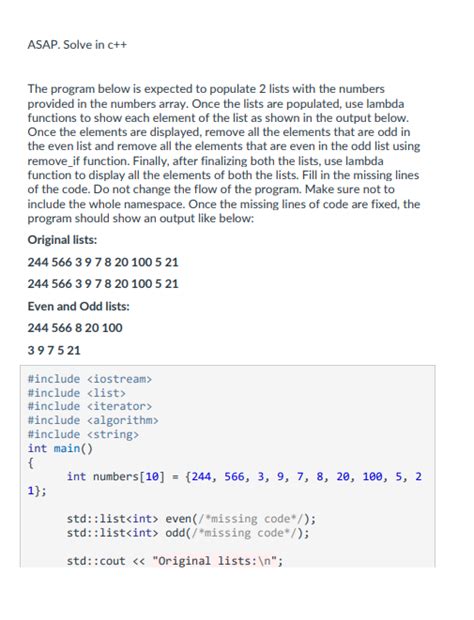 Solved ASAP Solve In C The Program Below Is Expected To Chegg Com