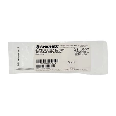 Synthes 214862 45mm Cortex Screw Self Tapping 62mm Primis Medical