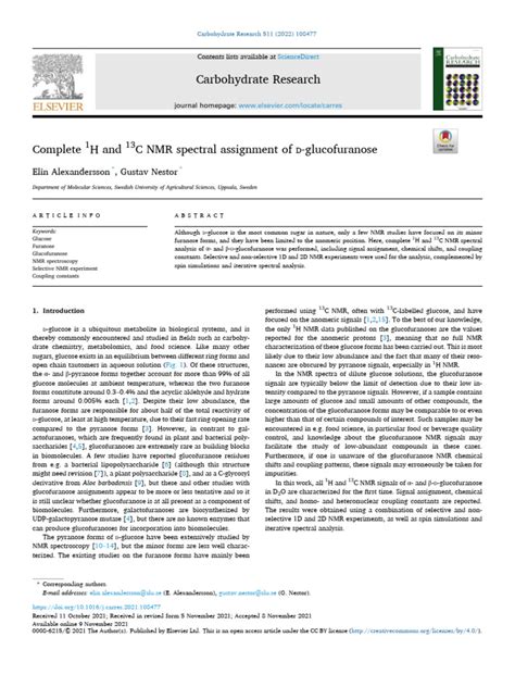 Complete 1h And 13c Nmr Spectral Assignment Of D Glucofuranose Pdf