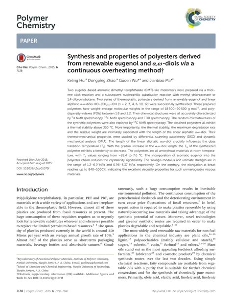 Pdf Synthesis And Properties Of Polyesters Derived From Renewable Eugenol And αω Diols Via A