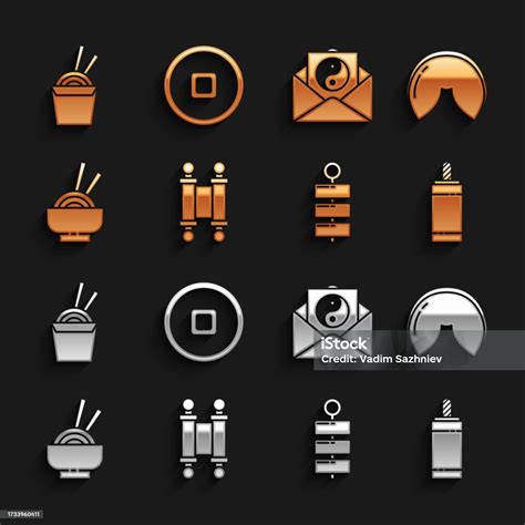 법령 종이 양피지 두루마리 중국 포춘 쿠키 불꽃 놀이 아시아 국수 그릇 음양과 봉투 상자 젓가락 및 위안 통화 아이콘을 설정합니다 벡터 0명에 대한 스톡 벡터 아트 및 기타