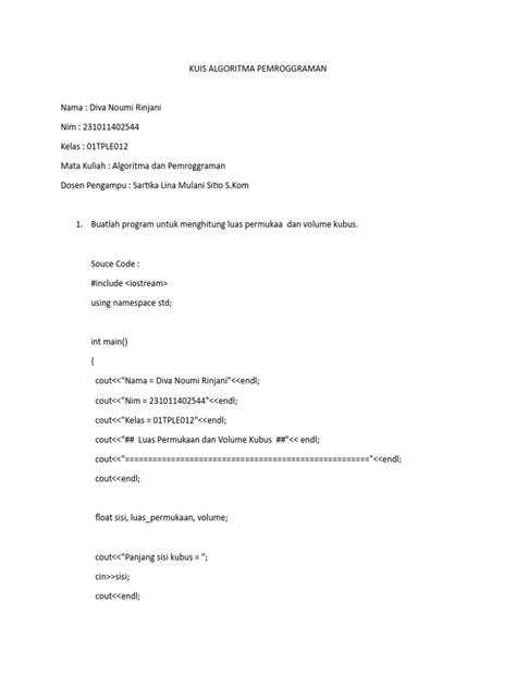 Kuis Algoritma Pemroggraman Diva Noumi Pdf Metode And Bahan Ajar Komputer