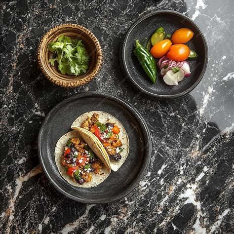 Mexican Cuisine Tacos On Black Plate With Fresh Ingredients And Vibrant