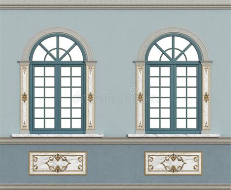 Elegant Classical Facade With Arched Windows On Blue Wall Stock