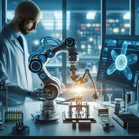 Scientist Overseeing Advanced Robotic Experiment In A Modern Lab Stock