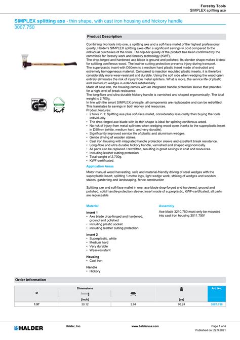 Simplex Splitting Axe• Thin Shape With Cast Iron Housing And Hickory
