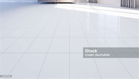 빈 방과 흰색 타일 바닥의 3d 렌더링 그리드 라인과 시야에서 투명 유리 도어가있는 빛나는 반사 깨끗하고 배경에 새로운 조건 사용 대리석에 대한 스톡 사진 및 기타 이미지