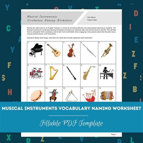 Musical Instruments Vocabulary Naming Worksheet Editable Fillable Printable PDF