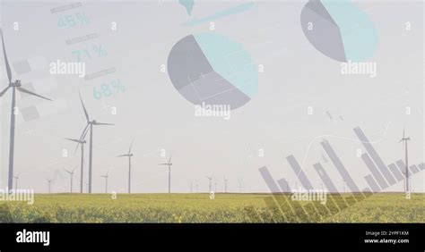 Wind Turbines In Field With Pie Charts And Graphs Renewable Energy Data Analysis Image Stock