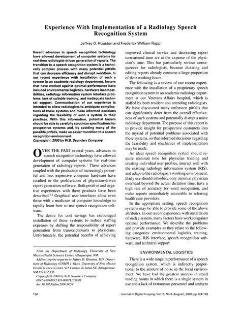 Pdf Experience With Implementation Of A Radiology Speech Recognition