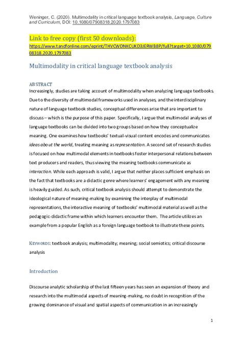 Pdf Multimodality In Critical Language Textbook Analysis