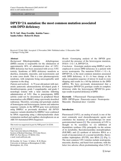 Pdf Dpyd2a Mutation The Most Common Mutation Associated With Dpd