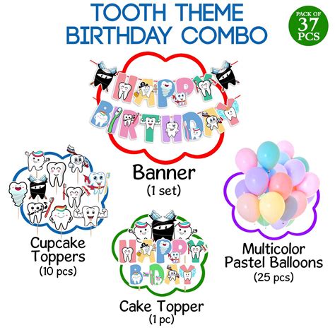 Tooth Theme Birthday Decoration Set Banner Multicolor Balloons Cake