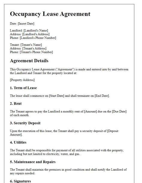 Letter Template For Agreement Of Occupancy Contract Free Samples In