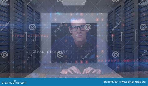 Image Of Cyber Attack Warning Text And Numbers Processing Over Male