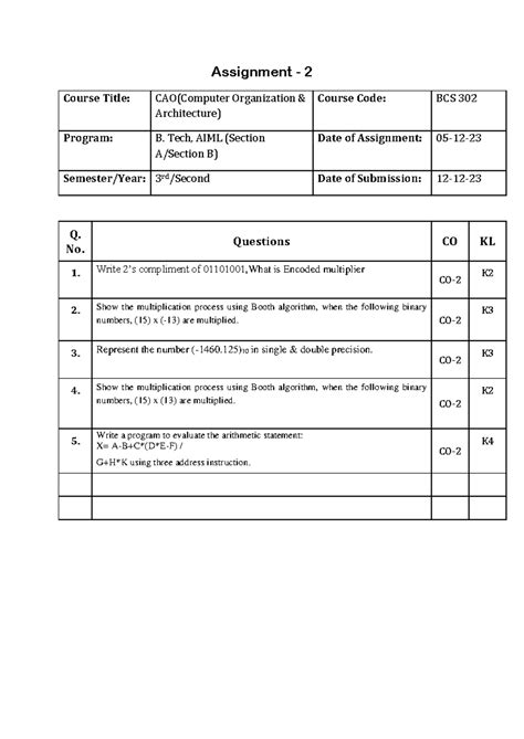 c0a 2 assignment assignment 2 course title cao computer