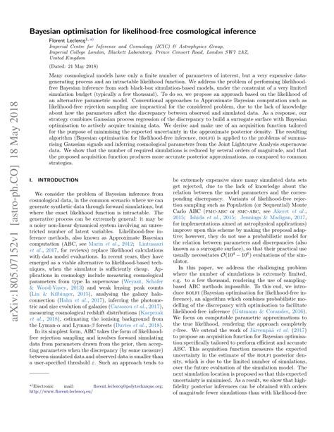 Pdf Bayesian Optimisation For Likelihood Free Cosmological Inference