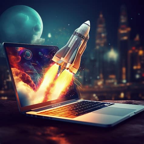 Boosting Performance Laptop Screen Launching Space Rocket Speed Up And