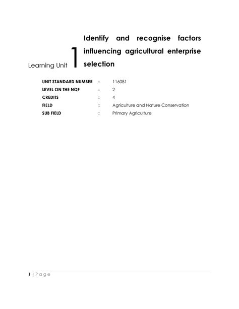 Identify And Recognise Factors Influencing Agricultural Enterprise Selection Learning Unit 1
