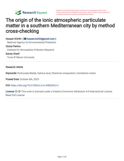 Pdf The Origin Of The Ionic Atmospheric Particulate Matter In A
