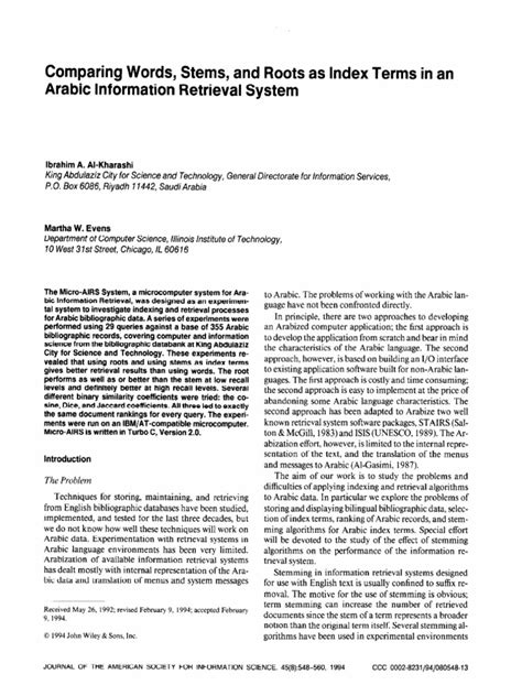 Comparing Words Stems And Roots As Index Terms In An Arabic