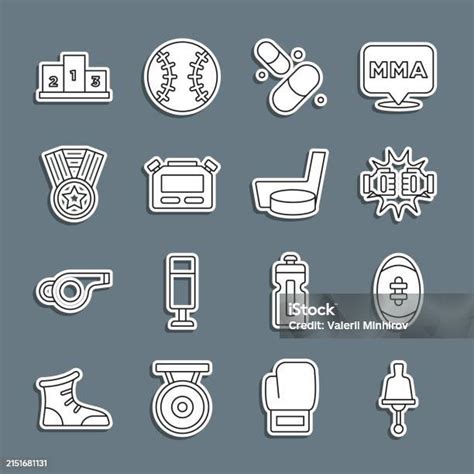 세트 라인 울리는 종 미식 축구 공 펀치 권투 글러브 비타민 알약 스톱워치 메달 스포츠 우승자 연단과 아이스 하키 스틱 및 퍽