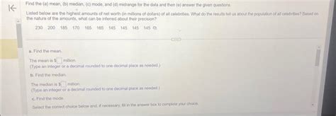 Solved Find The A Mean B Median C Mode And D Chegg