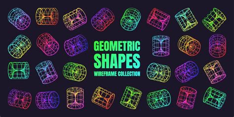Neon Lined Wireframe Shapes Perspective Mesh D Vector Image